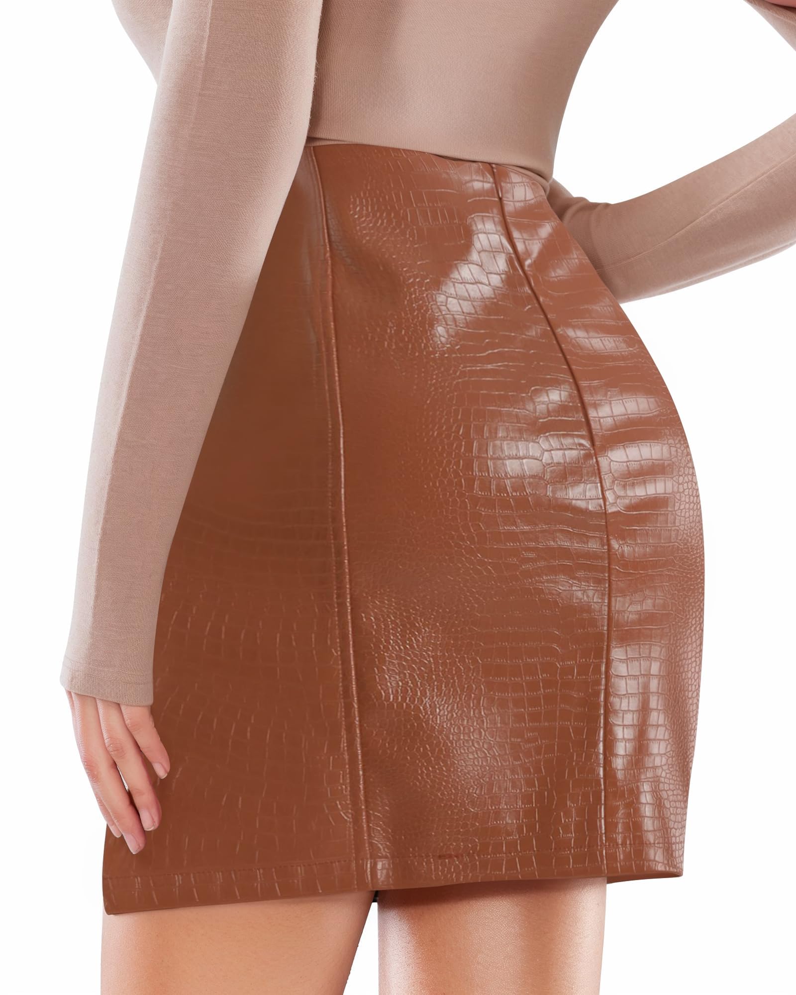 MANGOPOP Womens High Waist Bodycon Mini Short Faux Leather Skirt with Slit (Brown (Snakeskin),Small)