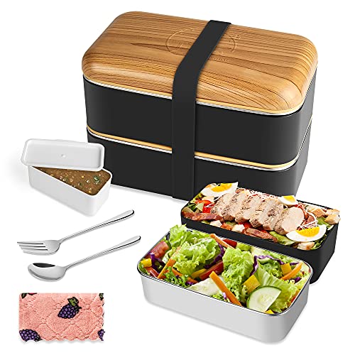 MOSFiATA Stackable Bento Lunch Box Containers, All-in-One Stainless Steel Bento Box-Durable Leak - Meal Prep Japanese Bento Boxes with Spoon & Fork, Adult Lunch Box Containers for Men Women Kids