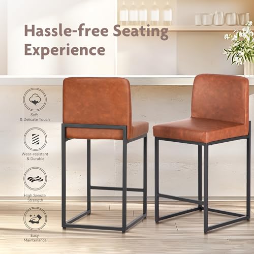 ALPHA HOME 24” Bar Stools Set of 4 Counter Height Bar Stool Pu Leather Kitchen Modern Bar Stools with Backrest Upholstered Footrest Sturdy Chromed Metal Steel Frame,Brown.