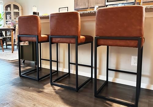 ALPHA HOME 24” Bar Stools Set of 4 Counter Height Bar Stool Pu Leather Kitchen Modern Bar Stools with Backrest Upholstered Footrest Sturdy Chromed Metal Steel Frame,Brown.
