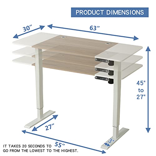 bilbil 63 x 30 Inches Electric Standing Desk, Height Adjustable Sit Stand Table with Splice Board, Stand up Home Office Desk, White Frame/Oak and White Top