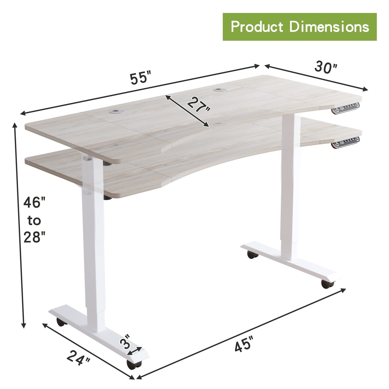 Radlove Electric Standing Desk, 55 x 30 Height Adjustable Computer Desk Sit Stand Desk Home Office Desks with Splice Board and A Under Desk Cable Management Tray (White Frame + Oak Top)