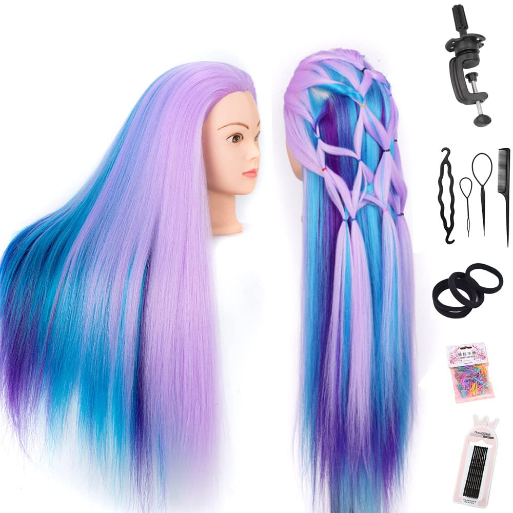 Mannequin Head with Hair 26" hair mannequin doll head hair styling manikin head Cosmetology Doll Head Multicolored Synthetic Fiber Hair(Table Clamp Stand Included)(Cherry Blossom four colors)