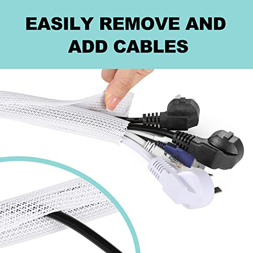 White Cable Sleeve Cover, 2 Pack 5ft - 1.2inch, AGPTEK Cord Management System for Desk PC TV Computer Projector Wires Protection and Organization, Home, Theater and Office, White