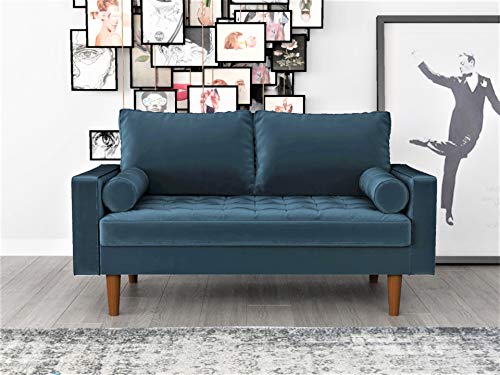US Pride Furniture NS5456-L Caladeron Mid-Century Modern Loveseat in Soft Velvet, Prussian Blue