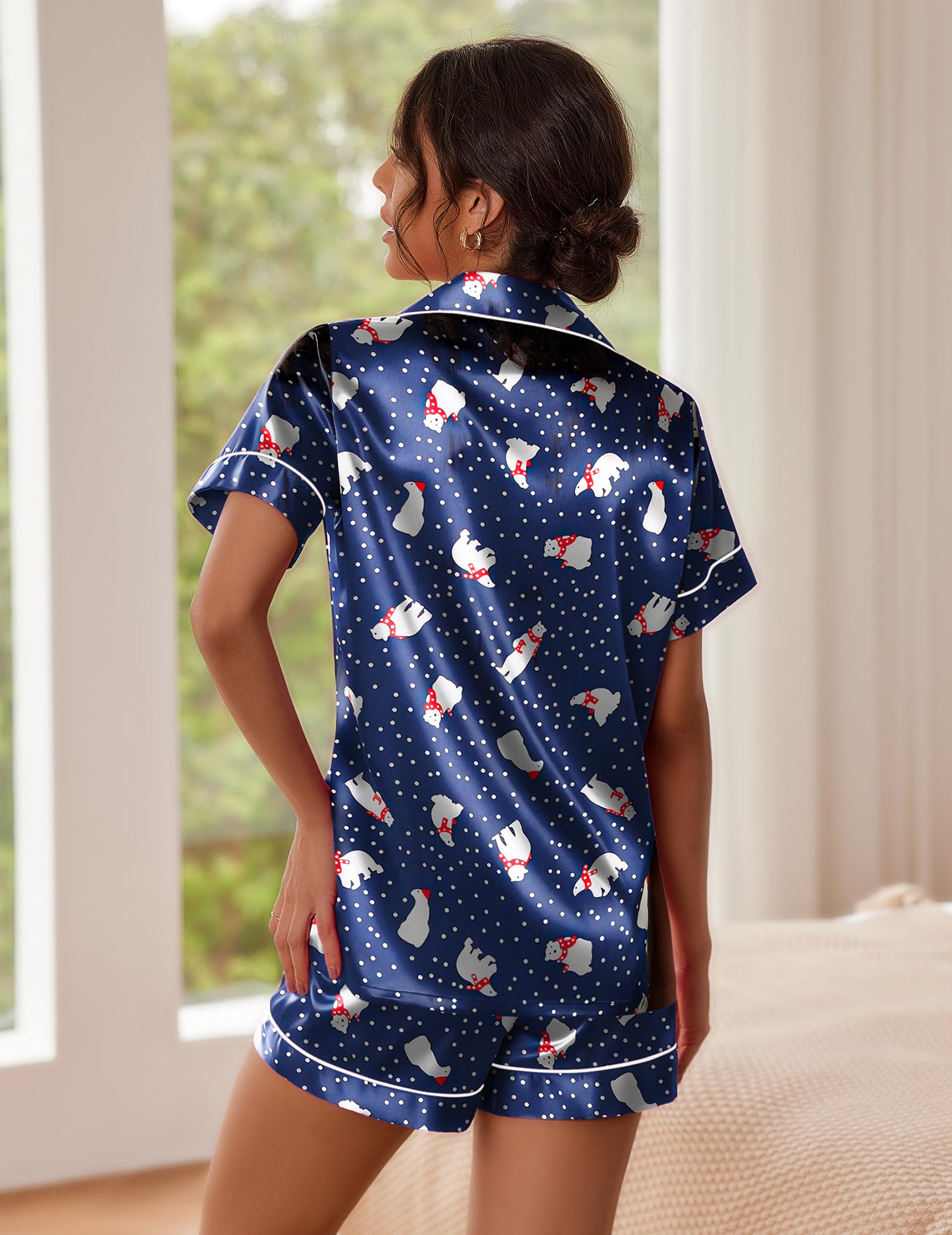 Ekouaer Christmas Pajamas for Women Satin Sleepwear Short Sleeve Button Down Loungewear Pjs Set (Christmas Polar Bear,S)