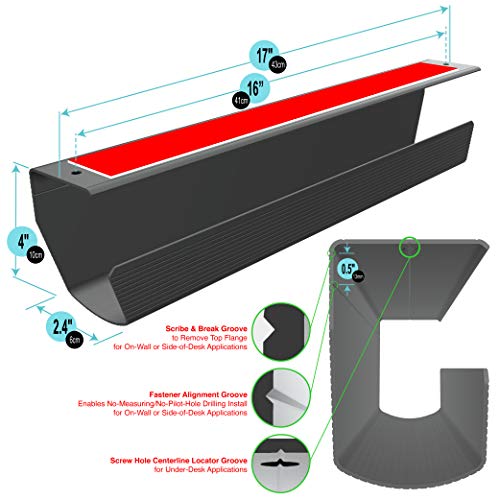 Cable Management Tray, Under-Desk, On-Wall or Side-of-Desk, 17x4x2.4β, 2-PK, Hide & Organize Your Cables, Power Supplies and Power Strips, Bonus 10-Pk Cable Ties