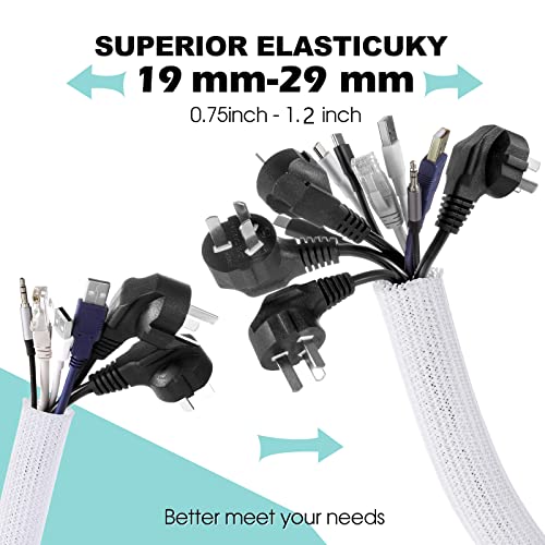 White Cable Sleeve Cover, 2 Pack 5ft - 1.2inch, AGPTEK Cord Management System for Desk PC TV Computer Projector Wires Protection and Organization, Home, Theater and Office, White