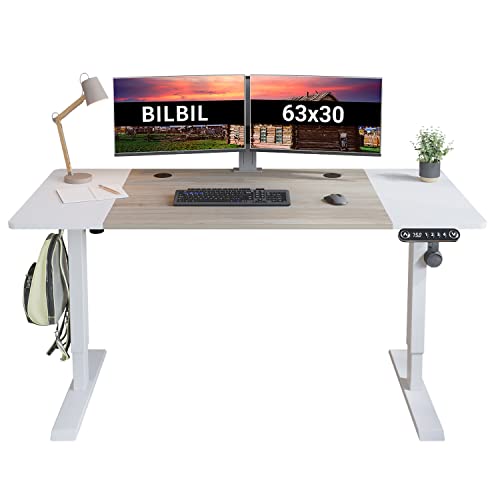 bilbil 63 x 30 Inches Electric Standing Desk, Height Adjustable Sit Stand Table with Splice Board, Stand up Home Office Desk, White Frame/Oak and White Top