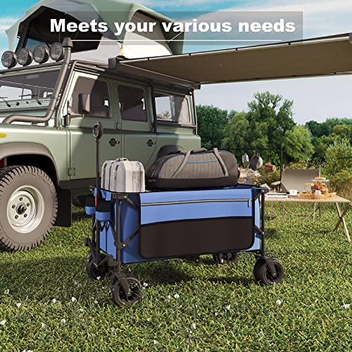 Mdeam 240L Collapsible Foldable Wagon, Heavy Duty Folding Utility Cart with Big All-Terrain Beach Wheels, Cup Holders, Side Pockets and Adjustable Handle for Camping, Garden, Sports, Shopping (Blue)