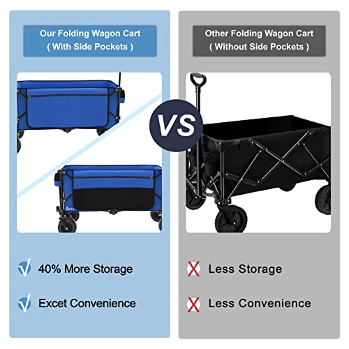 Mdeam 240L Collapsible Foldable Wagon, Heavy Duty Folding Utility Cart with Big All-Terrain Beach Wheels, Cup Holders, Side Pockets and Adjustable Handle for Camping, Garden, Sports, Shopping (Blue)