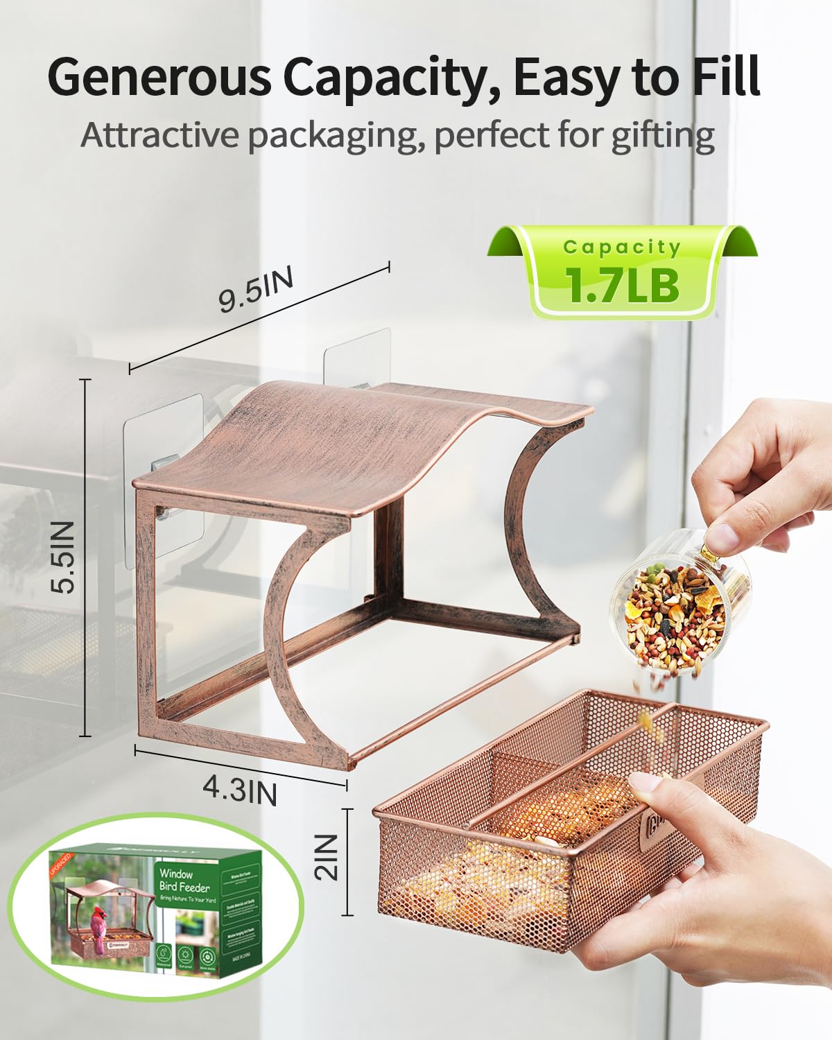 Window Bird Feeder, Desgully Metal Window Bird Feeder, Window Bird Feeders with Strong Suction Cups, Super Adhesive Sheet×4,Large Outdoor Bird Feeder, Bird Watching Gift (Curved)