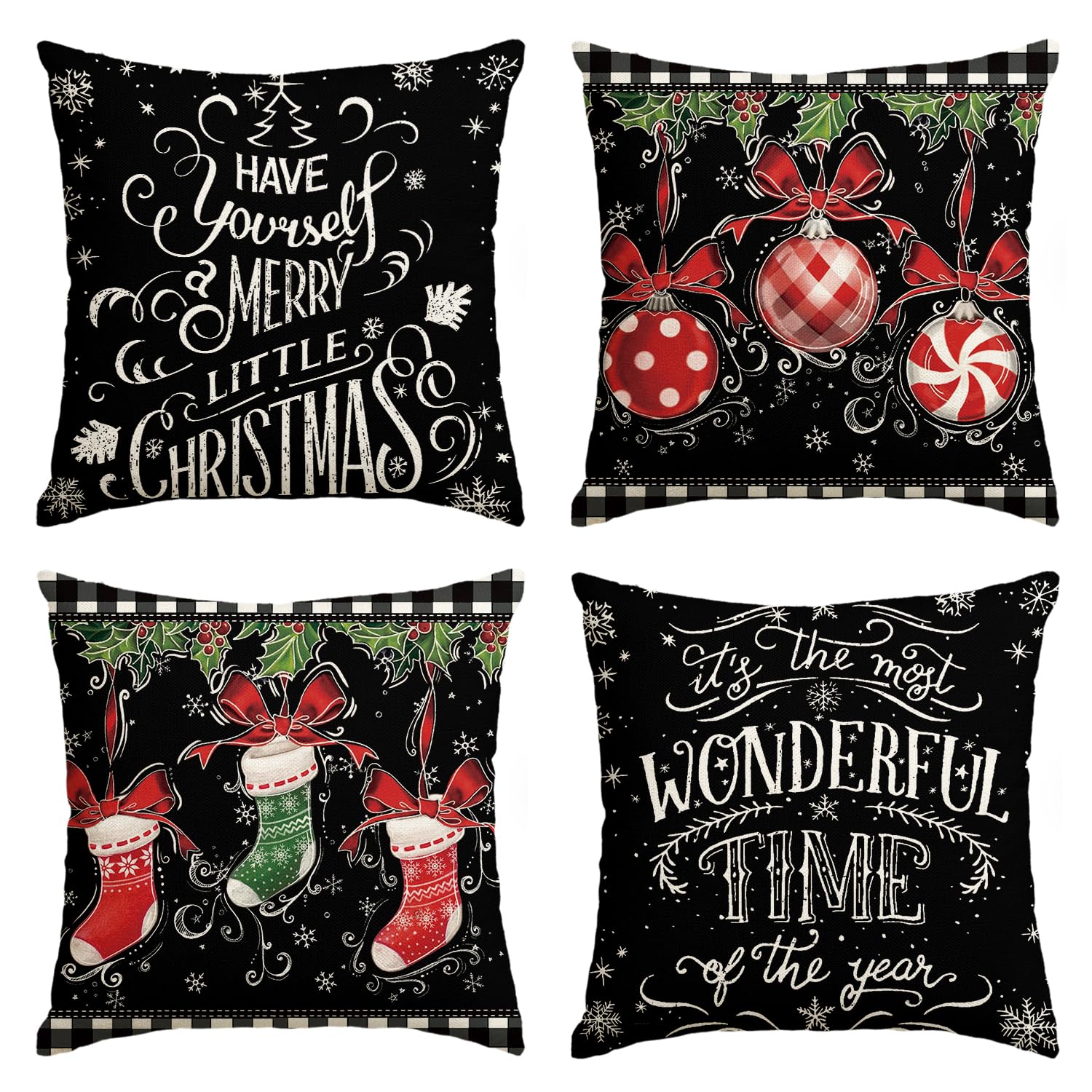 AVOIN colorlife Merry Christmas Ornament Stocking Black Throw Pillow Covers, 18 x 18 Inch Winter Holiday Cushion Case Decoration for Sofa Couch Set of 4