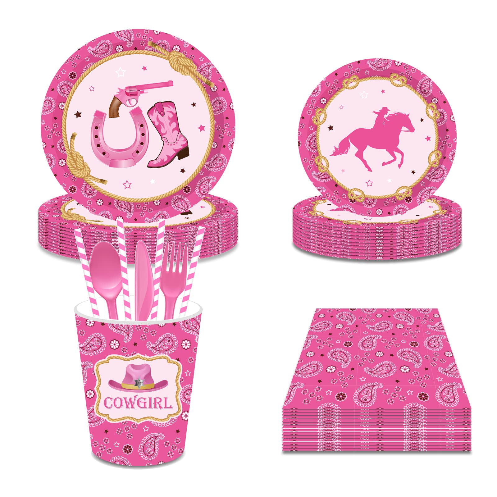 93 Pieces Western Cowgirl Birthday Party Decorations Pack- Serves 8 - Wild West Cowgirl Theme Birthday Party Supplies Includes Cowgirl Birthday Party Paper Plates Napkins Cups and Plastic Cutlery Set
