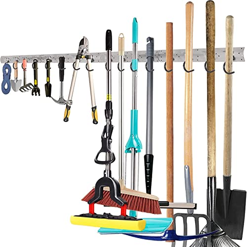 WALMANN All Metal 64 Inch Wall Mount Garden Tool Organizer for Garage, Mop and Broom Holder, Yard Tool Storage Rack for Rake, Shovel, Spade, Mop, Broom, Wall Mount Storage Organizer(4 Rails, 16 Hooks)