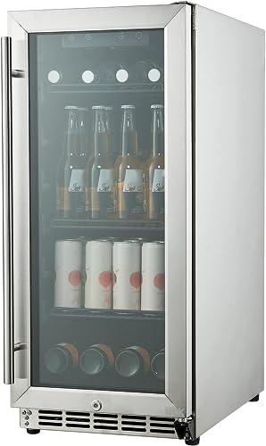 HCK 15 Inch Beverage Fridge, 3.18 cu.ft Beverage Refrigerator 110 can Commercial Grade Built-in Indoor with Glass Door for Soda and Beer, Chills Drinks with 3 Shelves