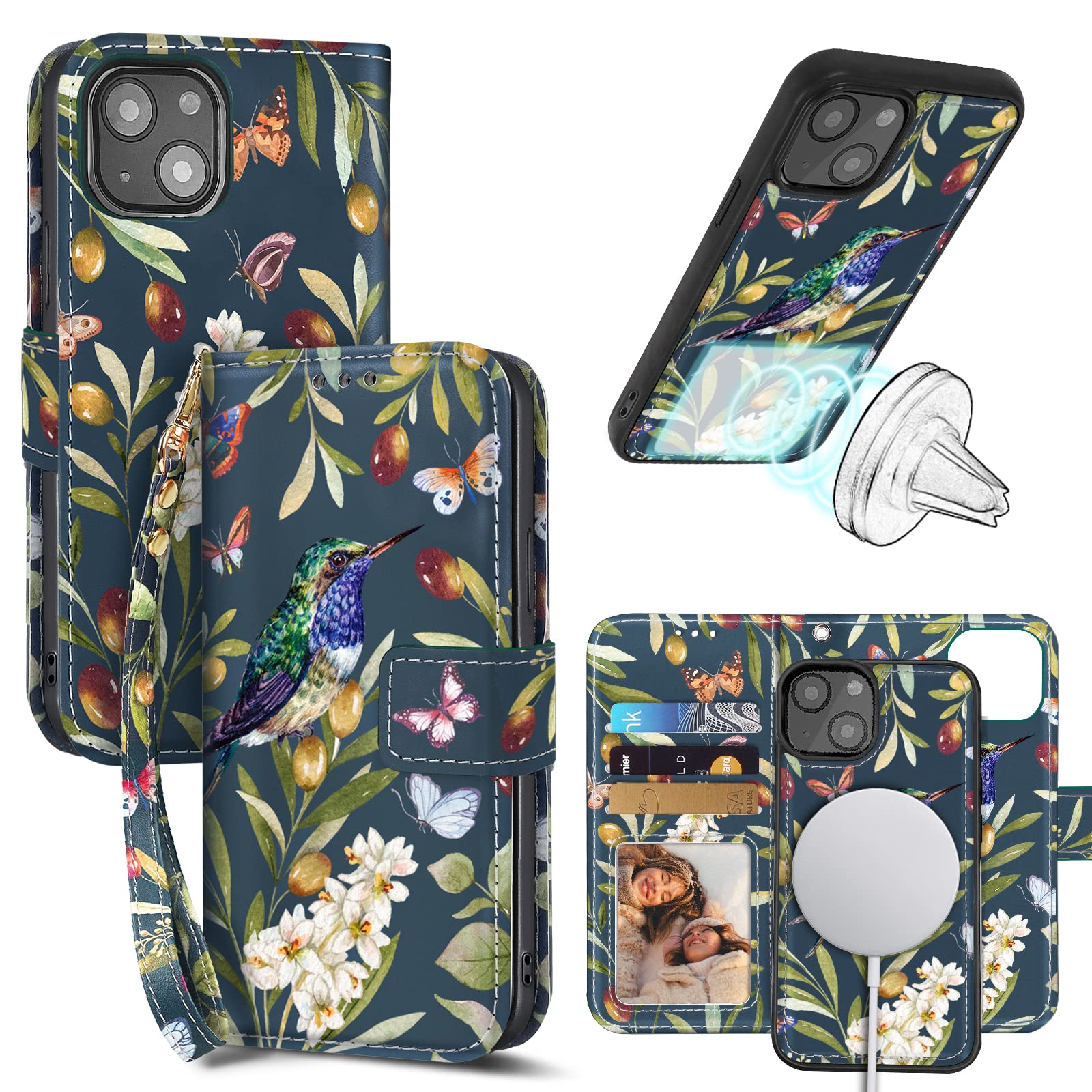 CASEOWL Compatible for iPhone 14 Plus Wallet Case [Support Magsafe Charger] 2-in-1 Magnetic Detachable [RFID Blocking] Floral Pattern Flip Leather Wallet Case with Card Holder,Strap for Women-Vintage
