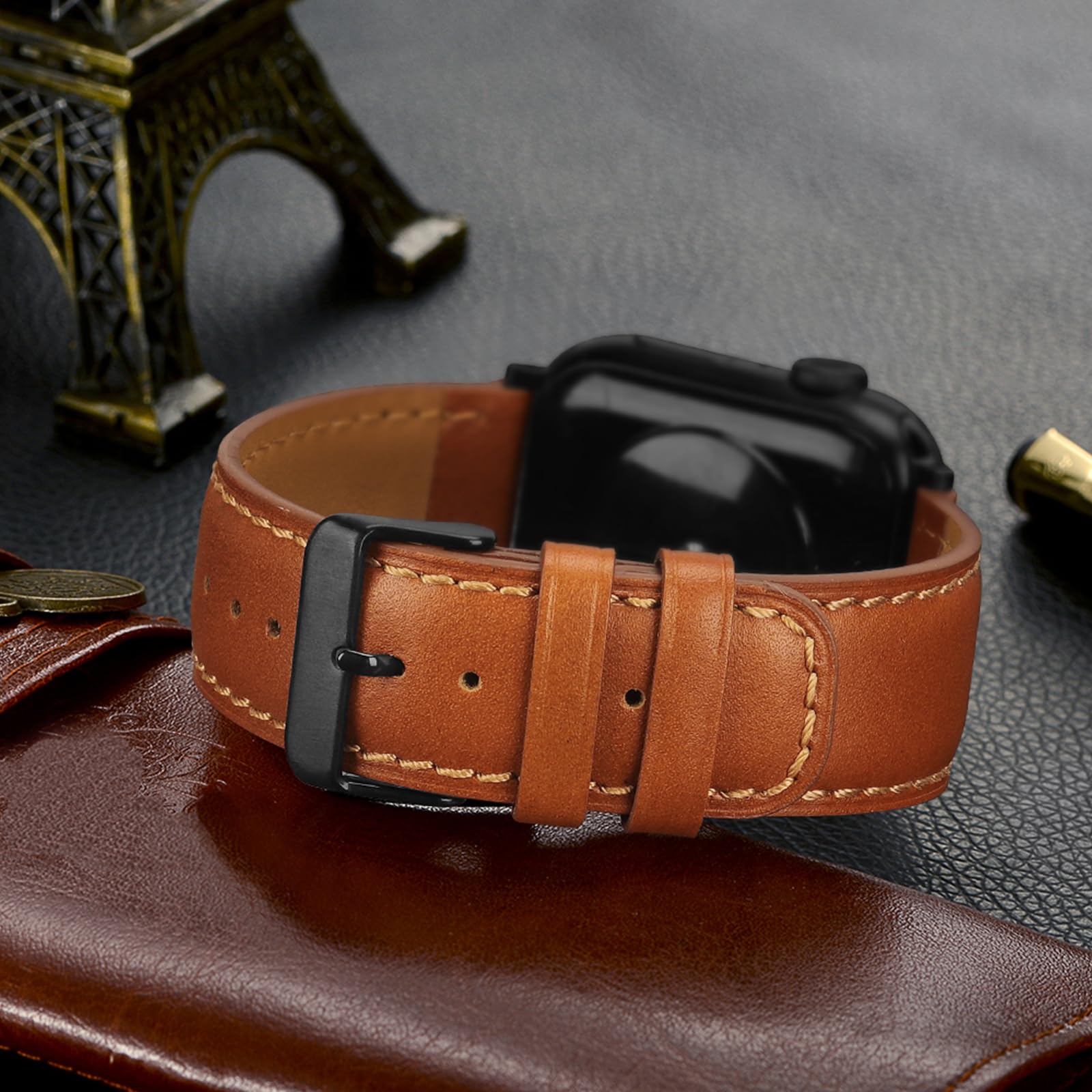 Tasikar Bands Compatible with Apple Watch Band 49mm 46mm 45mm 44mm 42mm Men Genuine Leather Replacement Bands Compatible with Apple Watch Ultra 2 SE Series 10 9 8 7 6 5 4 3 2 1, Classic Brown