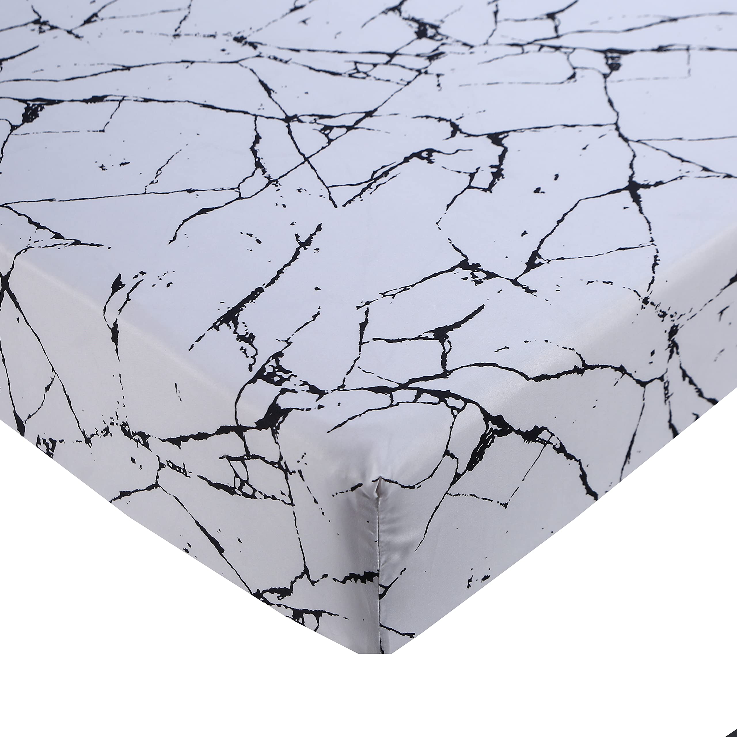 MAG Marble Bed Sheet 3Pcs White Full Size Modern Pattern Printed Bedding Sheet Set with 1*Bottom Fitted Sheet with 2*Pillowcases, 14 Inches Deep (White, Full)