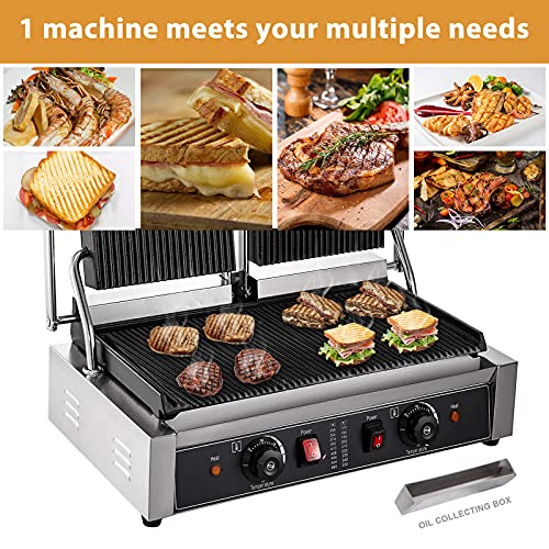 Panghuhu88 110V 3600W Commercial Sandwich Panini Press, Commercial Double Panini Presser Non-Stick Full Grooved Plates 122°F-572°F Temp Control for Hamburgers Steaks Bacons,22.8" x 14.4"