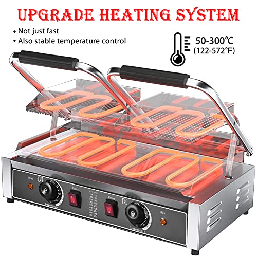 Panghuhu88 110V 3600W Commercial Sandwich Panini Press, Commercial Double Panini Presser Non-Stick Full Grooved Plates 122°F-572°F Temp Control for Hamburgers Steaks Bacons,22.8" x 14.4"