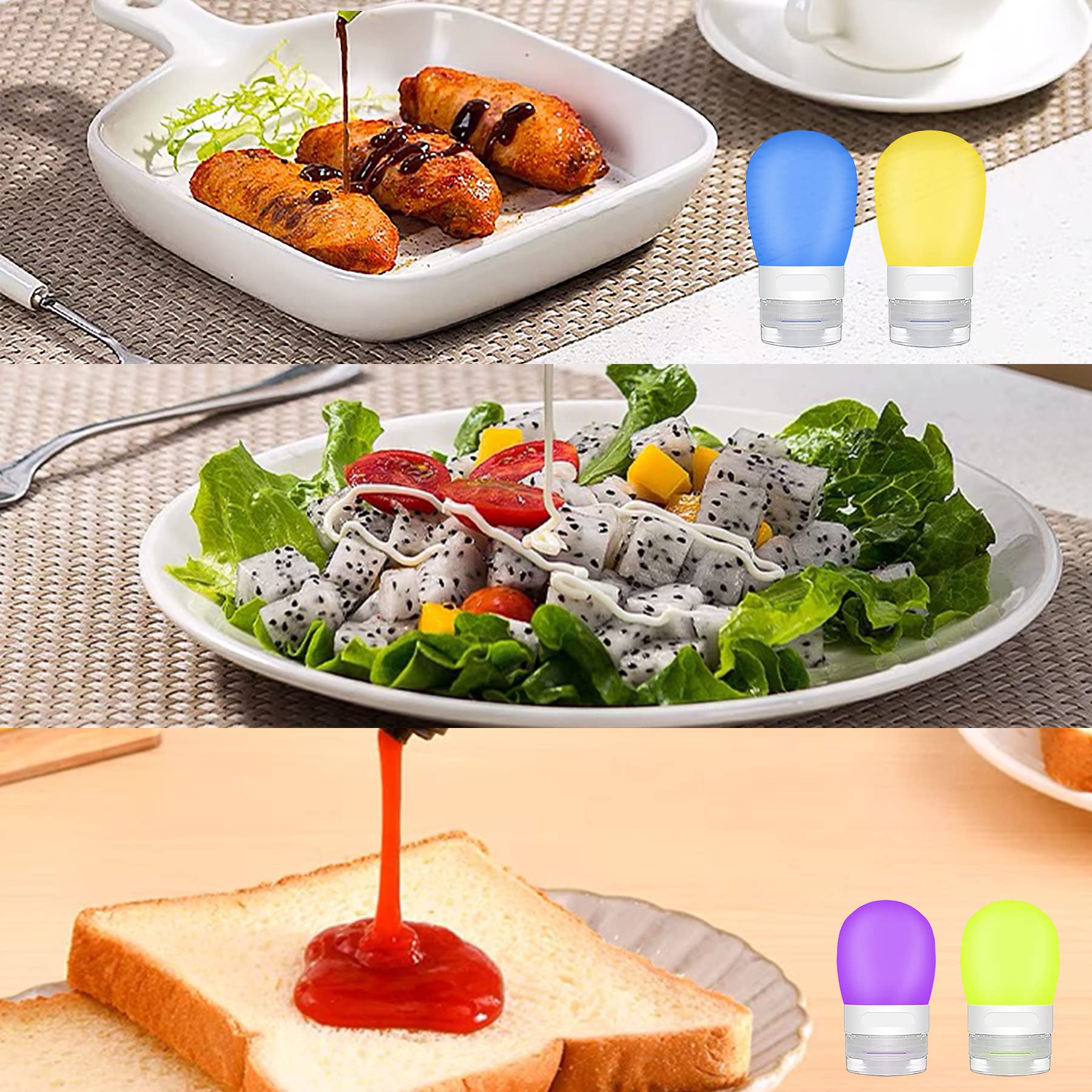 AICMEI 4-Pack Squeeze Salad Dressing Bottles, Leak Proof Food Storage Sauce Bottles Sauce Bottles, Portable Small Salad Dressing Containers,Food-grade Silicone- 4 Colors(1.3oz and 2 oz)