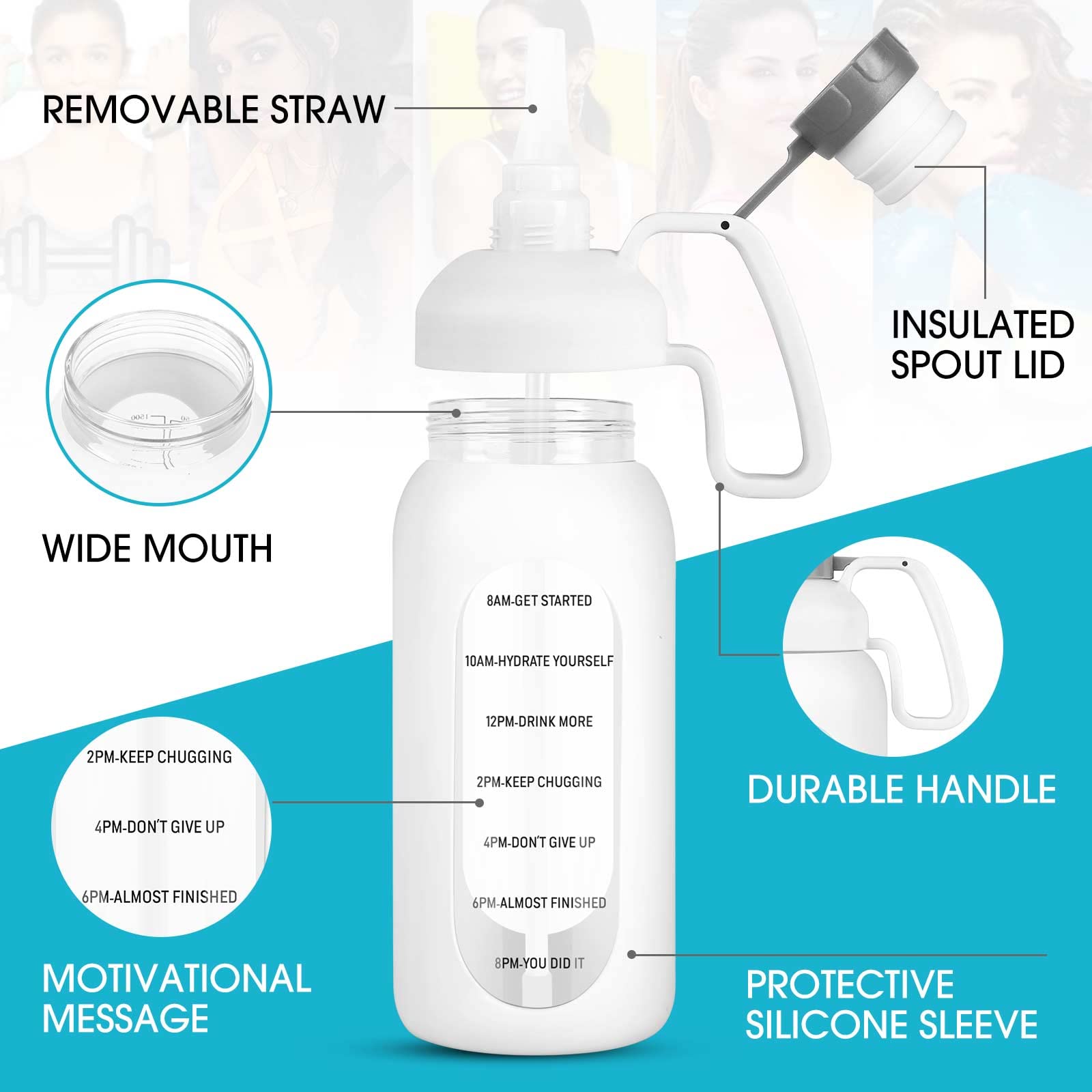 Aqulea Glass Water Bottle 64 oz - Big, Leakproof, Pregnancy Tracker, Gym Bottle with Straw and Time Marker (White)