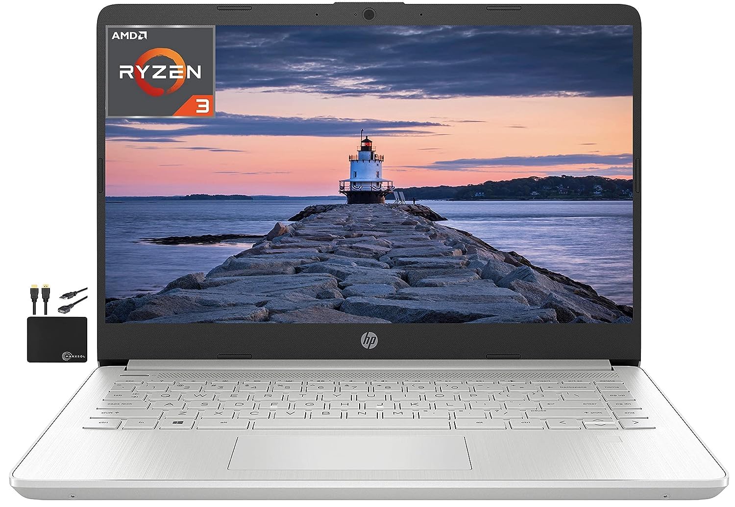 HP 2022 Newest 14'' HD Laptop Computer, AMD Ryzen 3 3250U (Upto 3.5GHz, Beat i5-7200U), 8GB RAM, 256GB SSD, HD Webcam, WiFi, Bluetooth, HDMI, USB-A&C, 10+ Hours Battery, Win 11+Marxsolcables