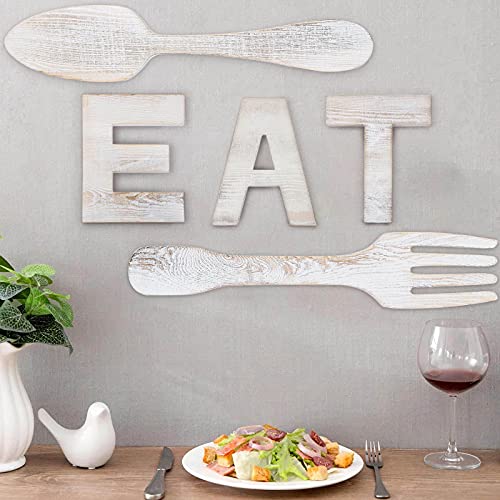 LOSOUR Farmhouse Kitchen Wall Decor, Farmhouse Decor EAT Sign + Fork and Spoon, Wooden Letters for Rustic Wall Decor (EAT Sign + Fork and Spoon)