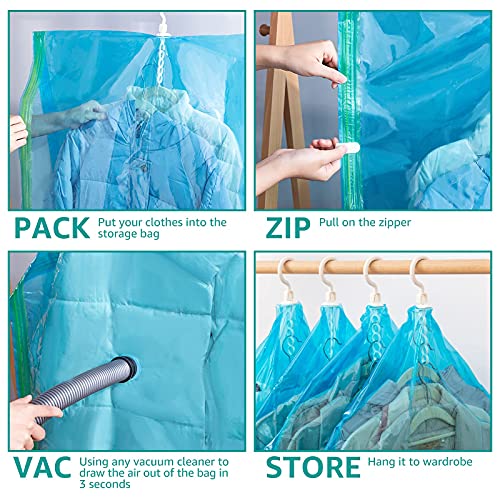 LEVERLOC Hanging Vacuum Storage Bags, Set of 4 Space Saver Bags for Clothes, Vacuum Sealed Garment Bags for Suits, Coats, Jackets, 80% Space Saving, 2 Long 2 Short
