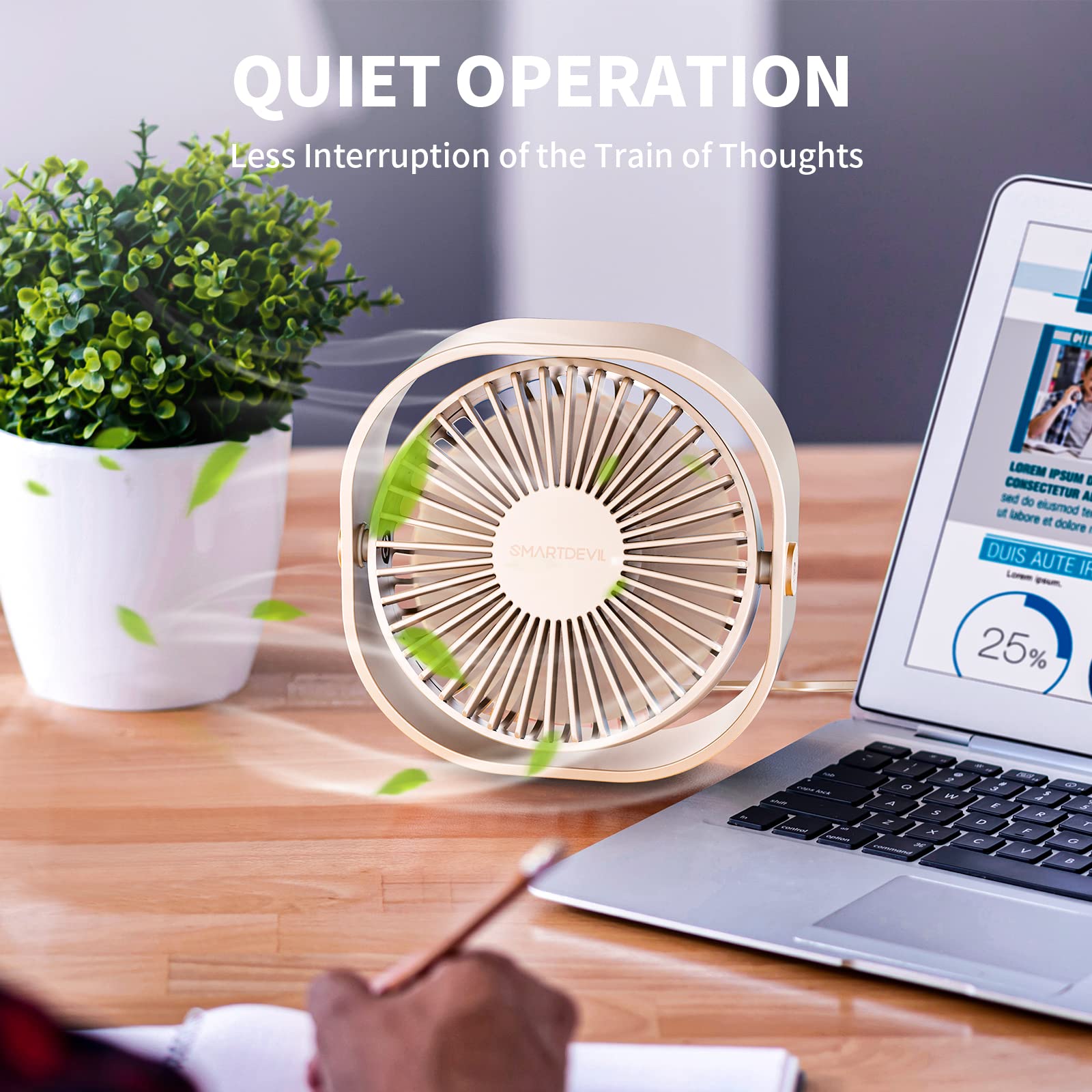 SMARTDEVIL Small Personal USB Desk Fan, 3 Speeds Portable Desktop Table Cooling Fan Powered by USB, Strong Wind, Quiet Operation, for Home Office Car Outdoor Travel (Light Brown)