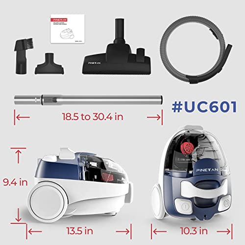 PINETAN Bagless Canister Vacuum Cleaner, with Double HEPA Filtration, Lightweight Design & Powerful Suction, Multi-Surface Cleaning Nozzle and Automatic Cord Rewind - Ocean Blue, UC601