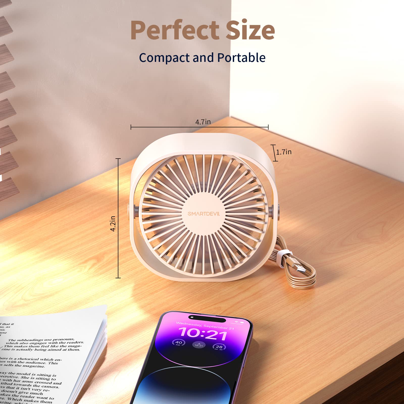 SMARTDEVIL Small Personal USB Desk Fan, 3 Speeds Portable Desktop Table Cooling Fan Powered by USB, Strong Wind, Quiet Operation, for Home Office Car Outdoor Travel (Light Brown)