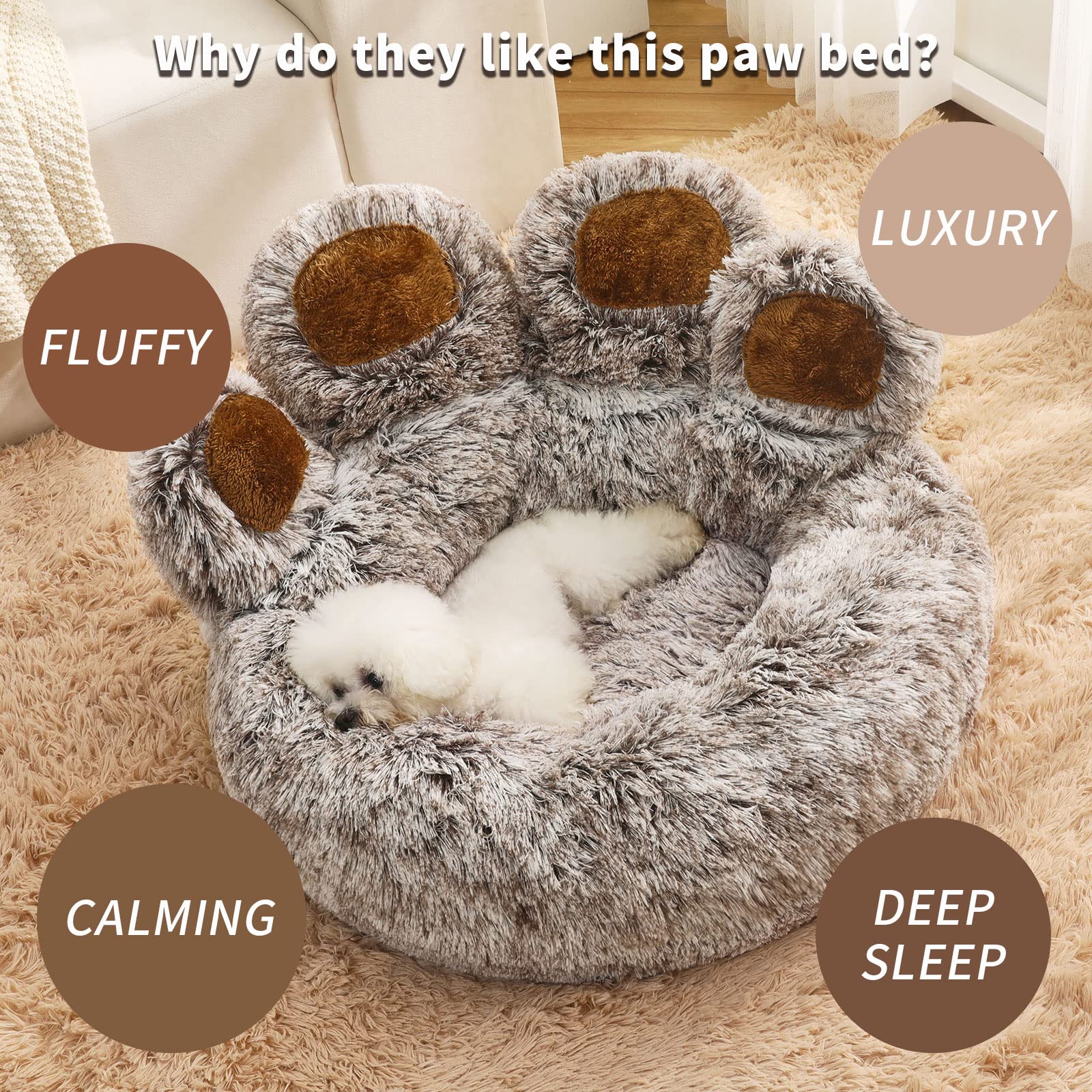 Jiupety Pet Round Bed of Paw Shape, Calming Donut Dog Bed for Medium and Small Dog, Faux Fur Cat Bed, Comfortable and Soft, Machine Washable, Large Size (26"×26"×8"), Gray