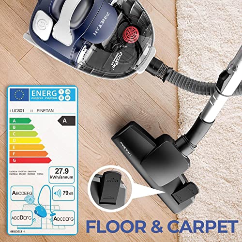 PINETAN Bagless Canister Vacuum Cleaner, with Double HEPA Filtration, Lightweight Design & Powerful Suction, Multi-Surface Cleaning Nozzle and Automatic Cord Rewind - Ocean Blue, UC601