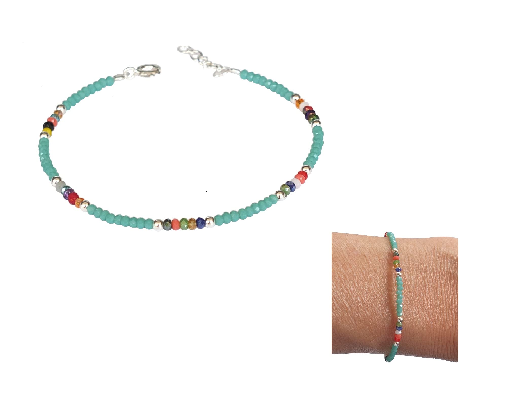Handmade 925 Sterling Silver, Glass Beads Bracelet for women, Length 6.3"-7.5" / 16-19CM, Adjustable Dainty Turquoise and Multi Color Beaded Bracelet, Boho Jewelry, By MiYa Jewelry Creations