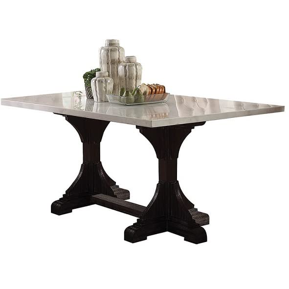 Acme Furniture Rectangular Marble Dining Table, White/Weathered Espresso