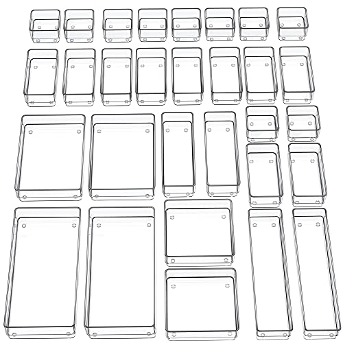 SMARTAKE 30-Piece Drawer Organizer with Non-Slip Silicone Pads, 7-Size Desk Drawer Organizer Trays Storage Tray for Makeup, Jewelries, Utensils in Bedroom Dresser, Office and Kitchen (Clear)