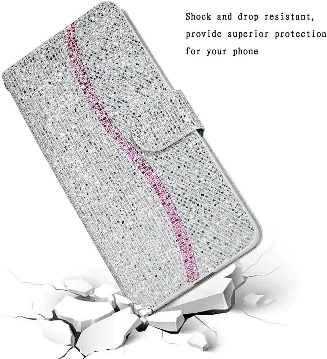 Guppy Bling Wallet Case Compatible with iPhone 14 Plus, PU Flip Blocking Wallet with Wrist Strap Magnetic Closure Built-in Kickstand Protective Case - Silver