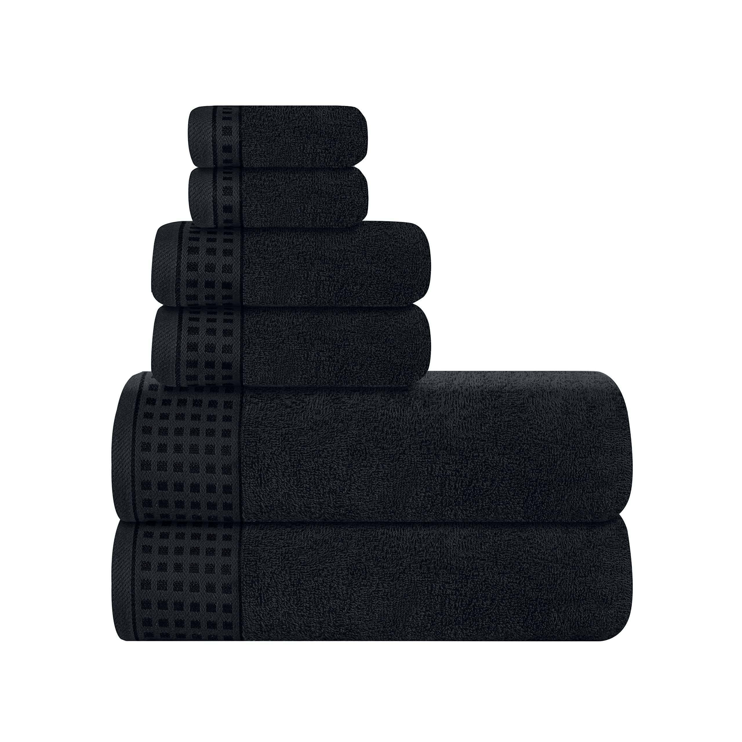 GLAMBURG 100% Cotton Ultra Soft 6 Pack Towel Set, Contains 2 Bath Towels 28x55 Inches, 2 Hand Towels 16x24 Inches & 2 Wash Coths 12x12 Inches, Compact Absorbent Lightweight & Quickdry - Black