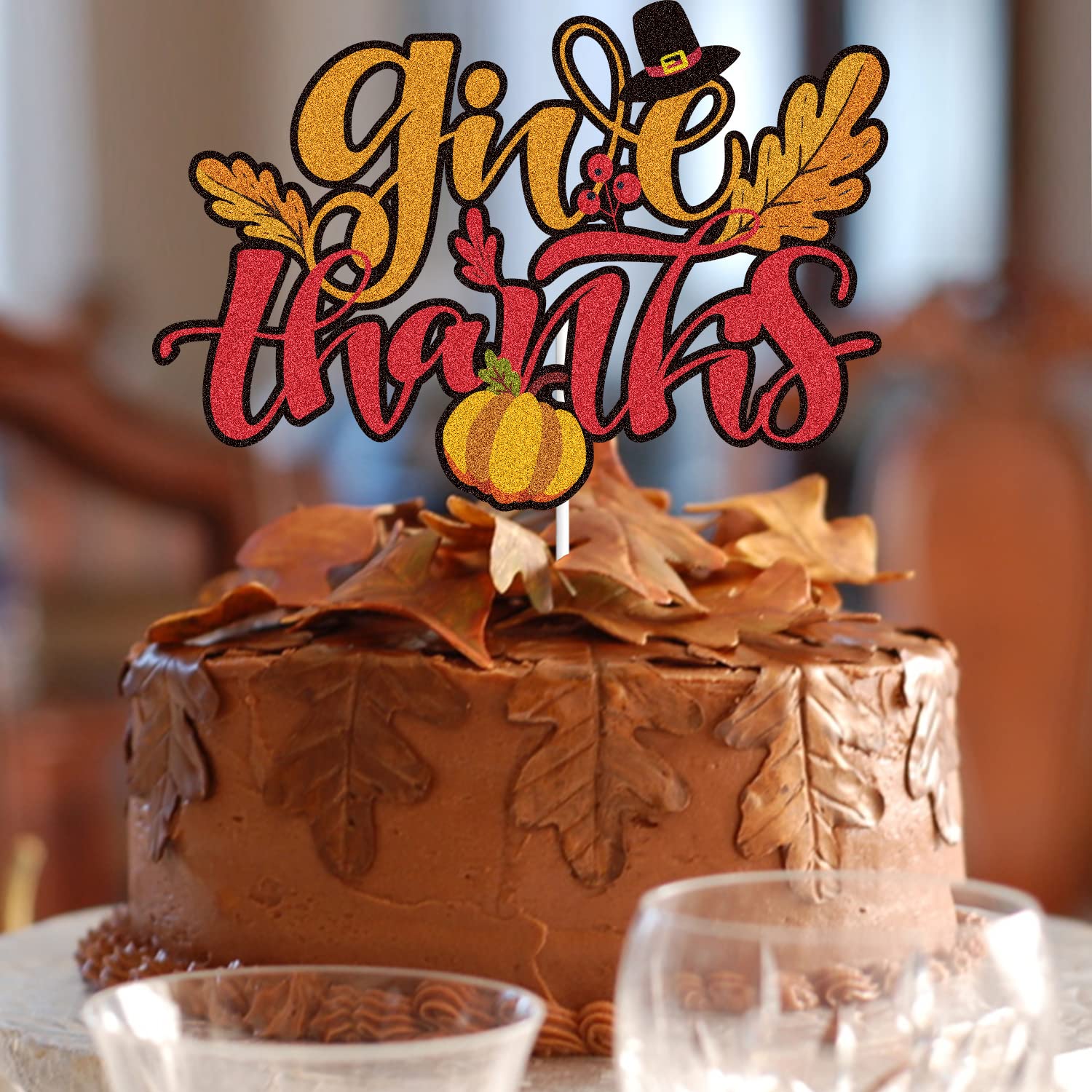 Give Thanks Happy Thanksgiving Cake Topper Give Thanks Cake Decoration Happy Fall Day Autumn Fall Harvest Maple Pumpkin Friends Theme Party Decorations Supplies
