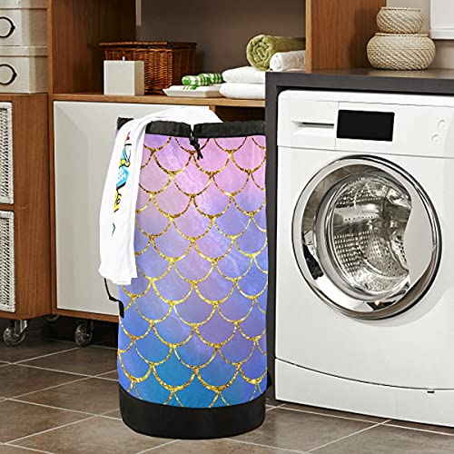 Mermaid Fish Scales Laundry Backpack Bag with Shoulder Straps Extra Large Hanging Laundry Hamper for College Dorm Travel Camp
