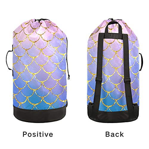 Mermaid Fish Scales Laundry Backpack Bag with Shoulder Straps Extra Large Hanging Laundry Hamper for College Dorm Travel Camp