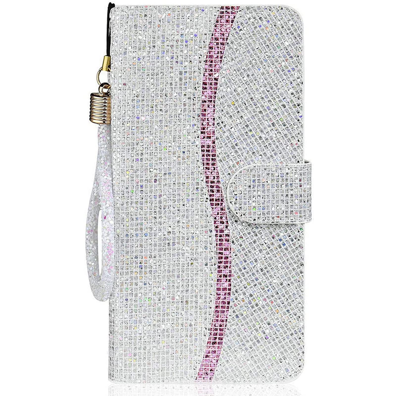 Guppy Bling Wallet Case Compatible with iPhone 14 Plus, PU Flip Blocking Wallet with Wrist Strap Magnetic Closure Built-in Kickstand Protective Case - Silver