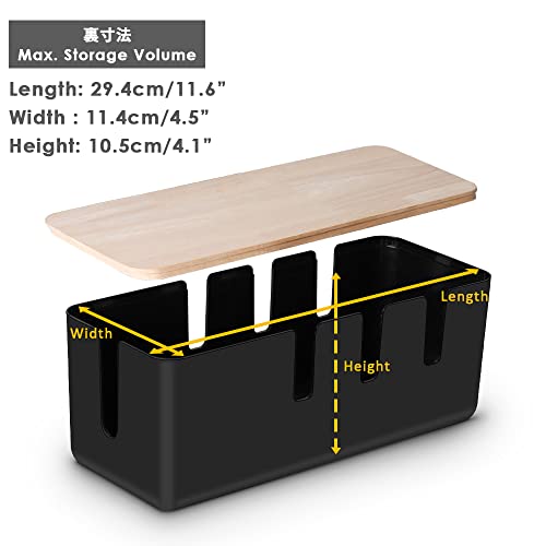 Cable Management Box by Baskiss, Solid Wood Lid, Cord Organizer for Desk TV Computer USB Hub System to Cover and Hide & Power Strips & Cords (Black, Medium)