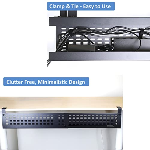 AEONS Under Desk Cable Management Tray Kit - Horizontal Adjustable up tp 41β Desk Organizer Removable C Clamp Mount Reversiable Computer Cord Raceway and Modesty Panel for Large Desk, Black