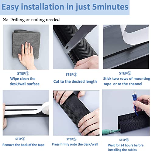 Cable Management 62.6'' J Channel Cable Raceway, 4 Pack Cord Cover, Under Desk Cable Management Kit, Self-Adhesive Desk Cabel Organizer, Easy to Install Cord Organizer for Home Office, 4X15.7IN Black