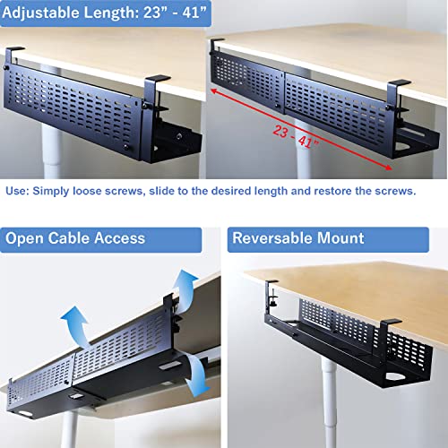 AEONS Under Desk Cable Management Tray Kit - Horizontal Adjustable up tp 41β Desk Organizer Removable C Clamp Mount Reversiable Computer Cord Raceway and Modesty Panel for Large Desk, Black