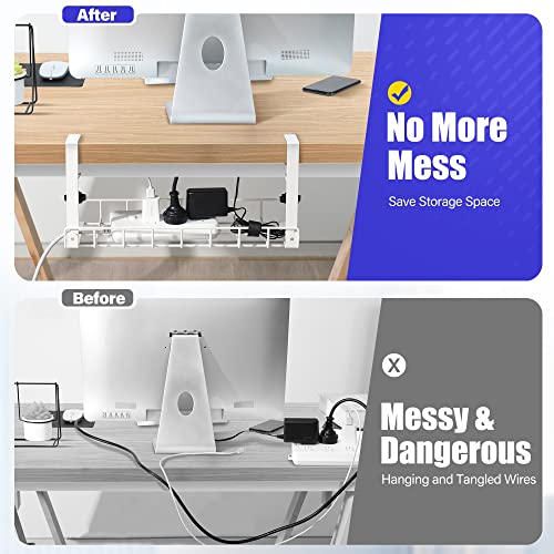 Under Desk Cable Management Tray, Xpatee Upgraded Wire Management No Drill No Screws, Cable Tray with Clamp for Desk Wire Management, Computer Cable Rack for Office, Home - No Damage to Desk White