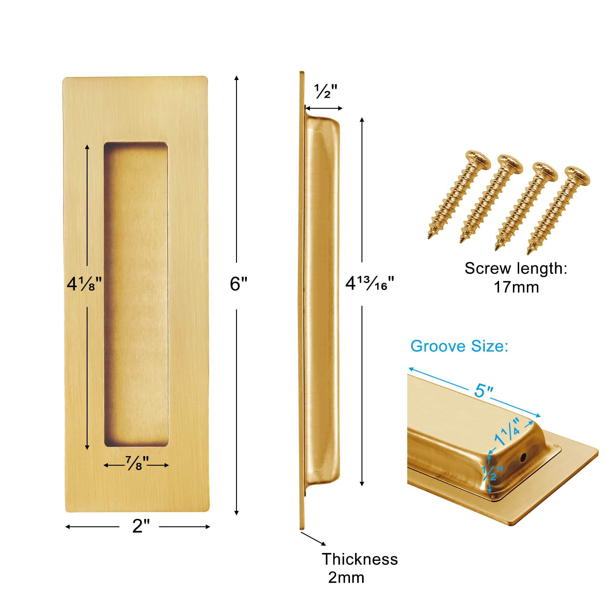 Malimali 6 Inch Recessed Finger Flush Pulls for Pocket Door Closet Door, Sliding Barn Door Handle, Brushed Gold Stainless Steel Rectangular Door Pulls Hardware(2 Pack)